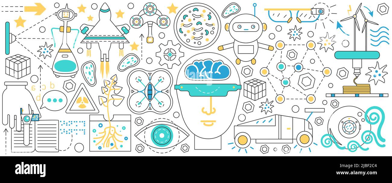 Future technology, tech thin line products, machines and tools vector ...