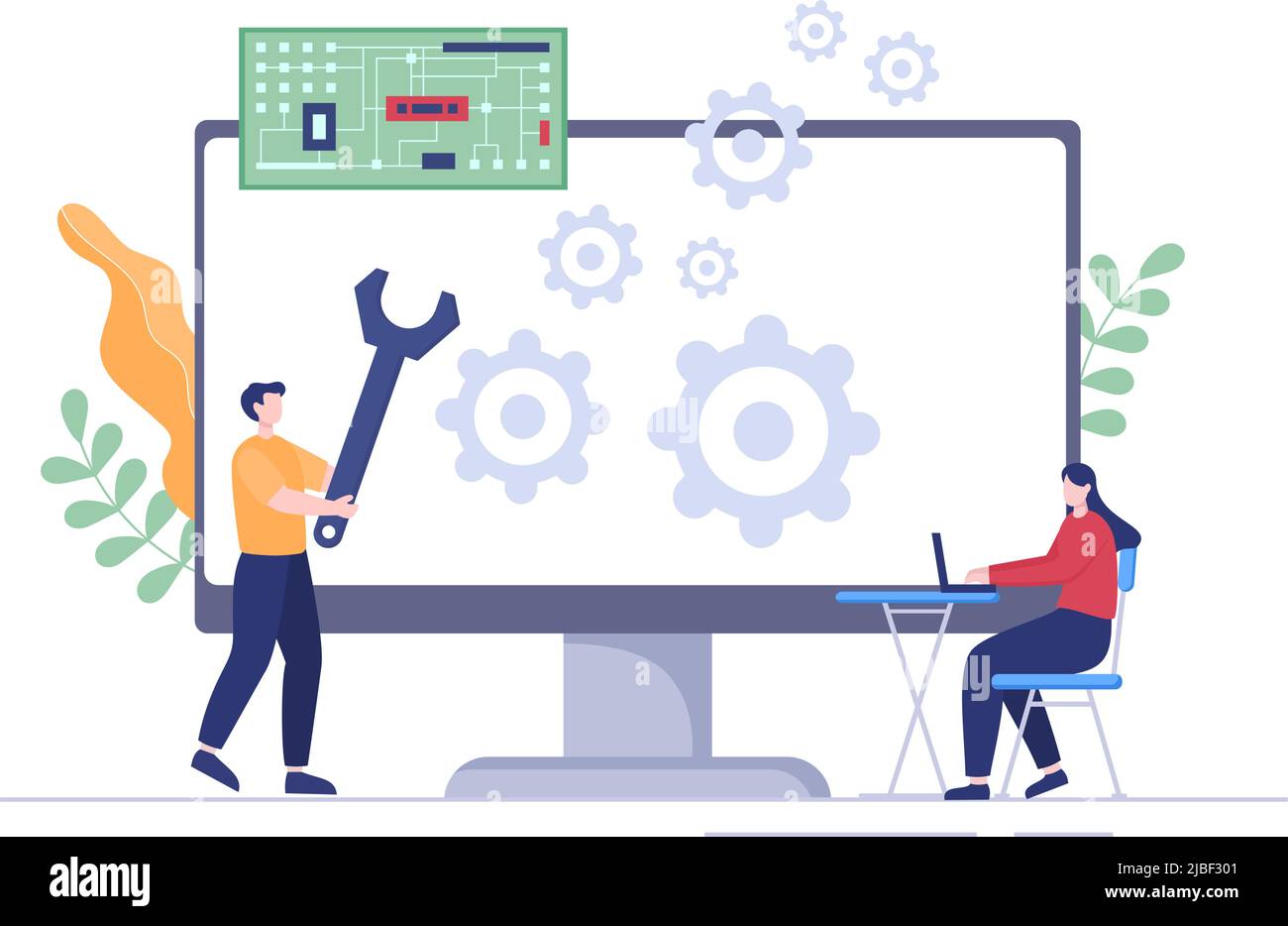 Computer Repair or Service Flat Cartoon Illustration with Tools ...