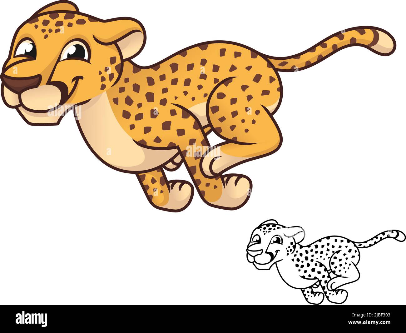 Cute Happy Cheetah Running Fast with Black and White Line Art Drawing ...
