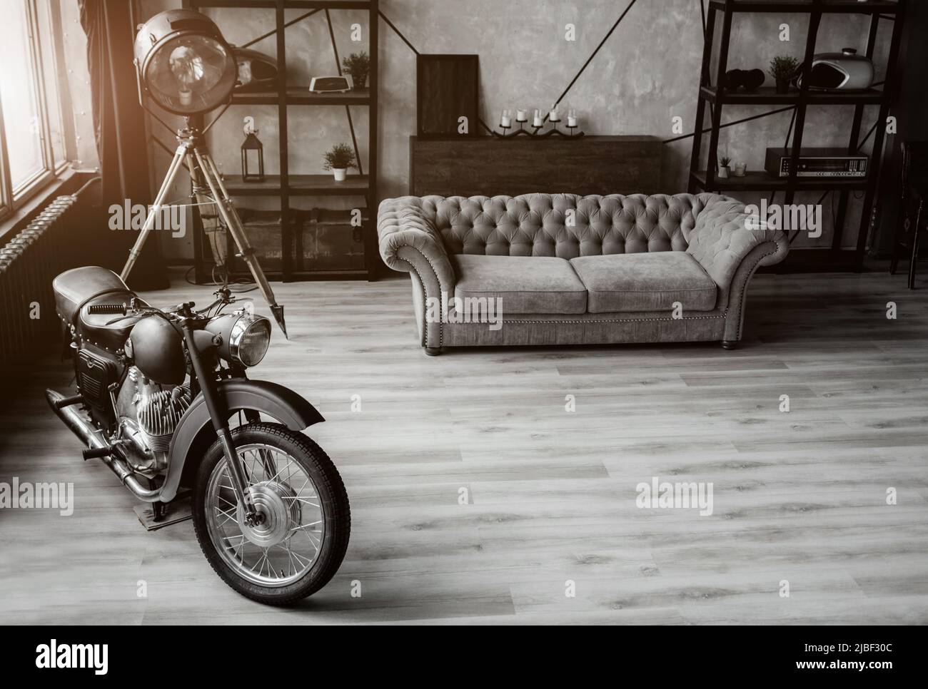 modern loft interior with a motorcycle in the apartment Stock Photo - Alamy