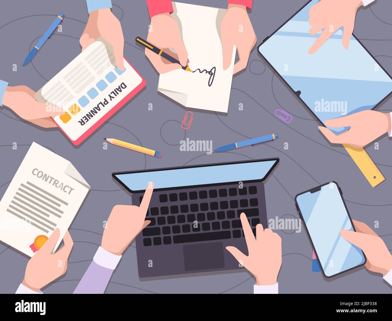 Teamwork top view. Business managers working together sitting at table ...