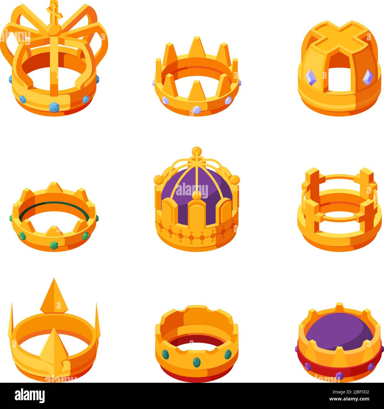 Golden crown. Isometric kings royal clothes for head crown with luxury colored gemstones antique ...