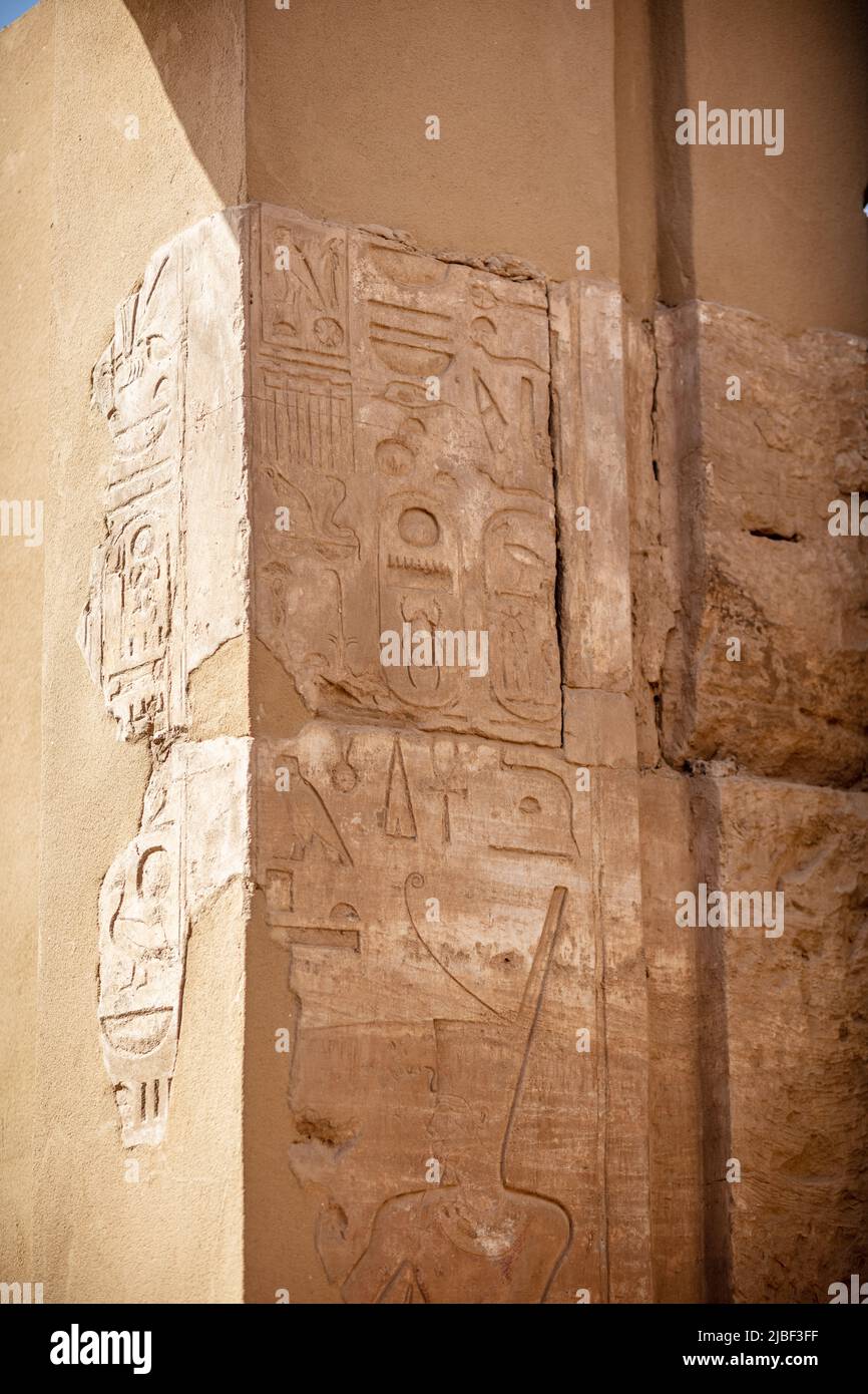 Different hieroglyphs on the walls and columns in the Karnak temple ...