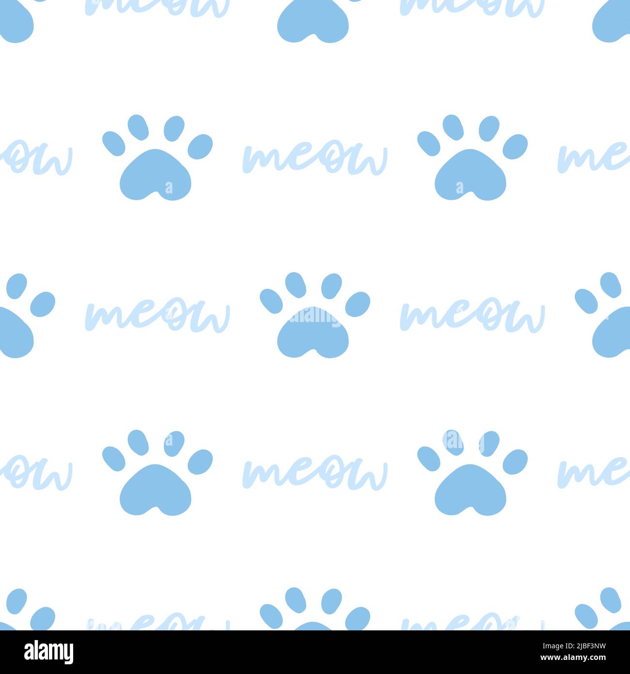 Blue cat seamless pattern. Meow and cat paws background vector ...