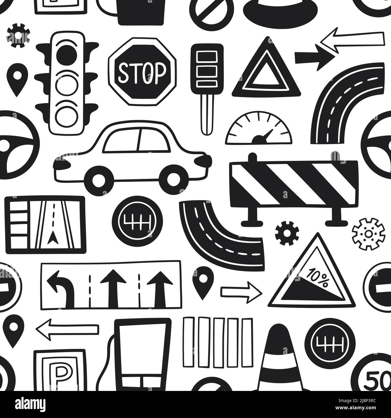 Hand drawn drive symbols seamless pattern. Doodle cars, road objects ...