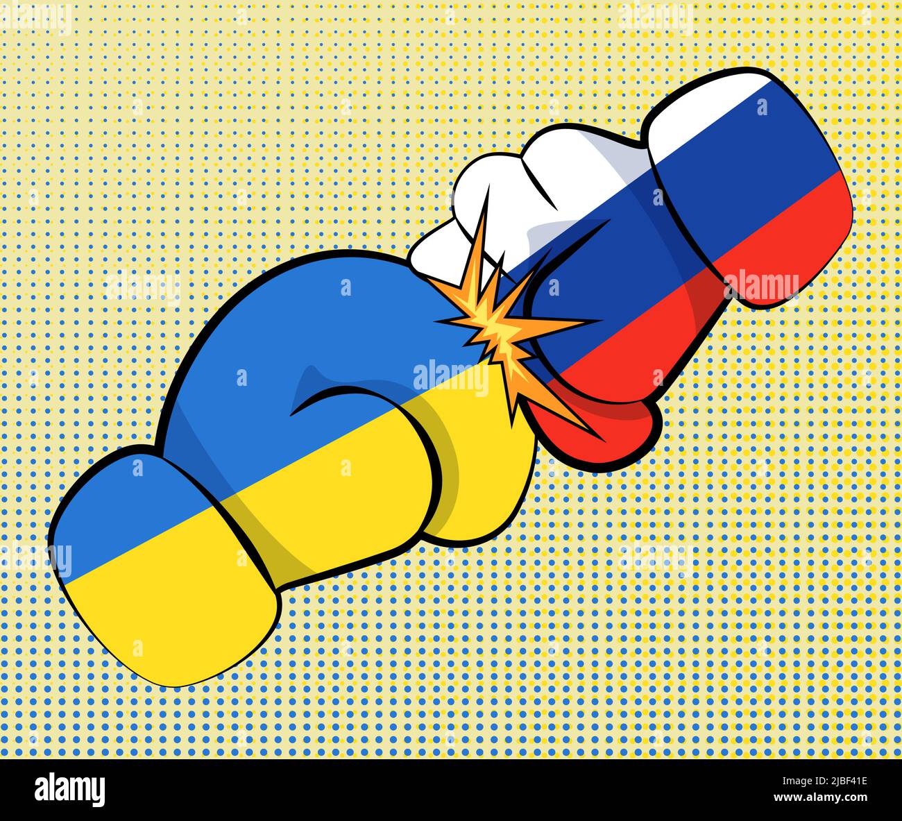 Hands in boxing gloves with Ukrainian and Russian flags clash in punch ...