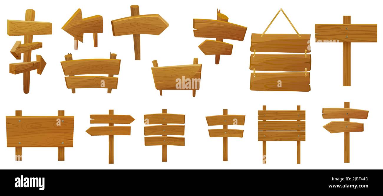 Wooden sign boards set vector illustration. Cartoon billboard post from ...