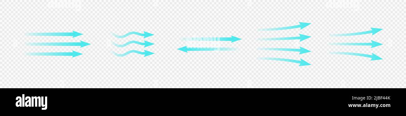 Air flow. Set of blue arrows showing direction of air movement. Wind direction arrows. Blue cold ...