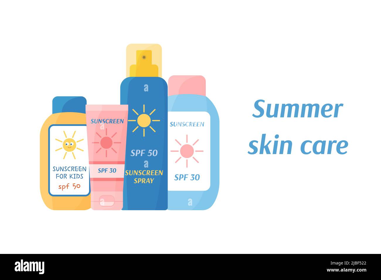 Summer skin care. Vector set of sunscreen products. Sunblock tube ...