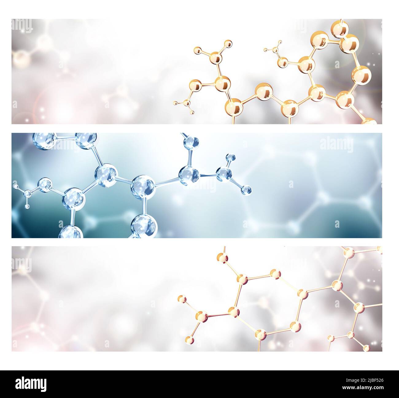 Set of horizontal banners with models of abstract molecular structure ...