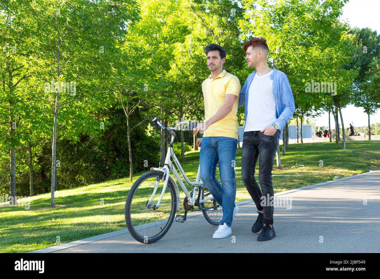 Young male couple enjoying a walk together outdoors in the park. LGBT ...