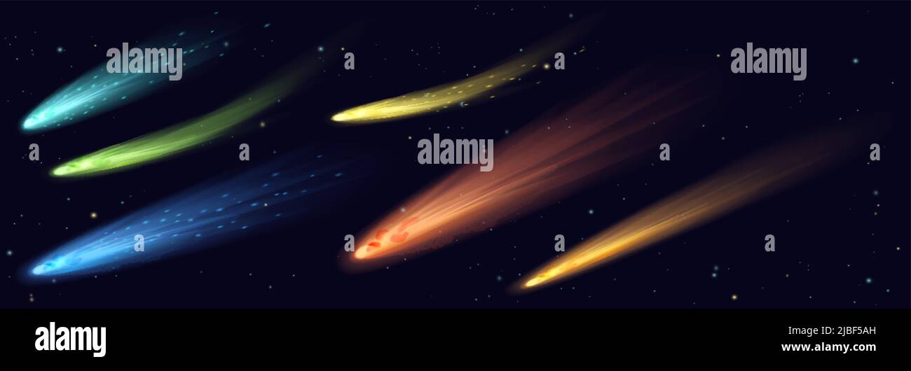 Falling comets in space with stars vector illustration. Bright light ...