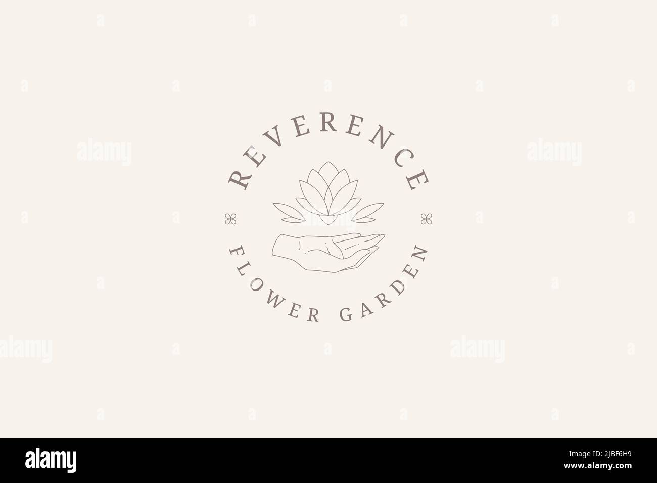 Delicate monochrome natural lotus in human hands circle logo with place ...