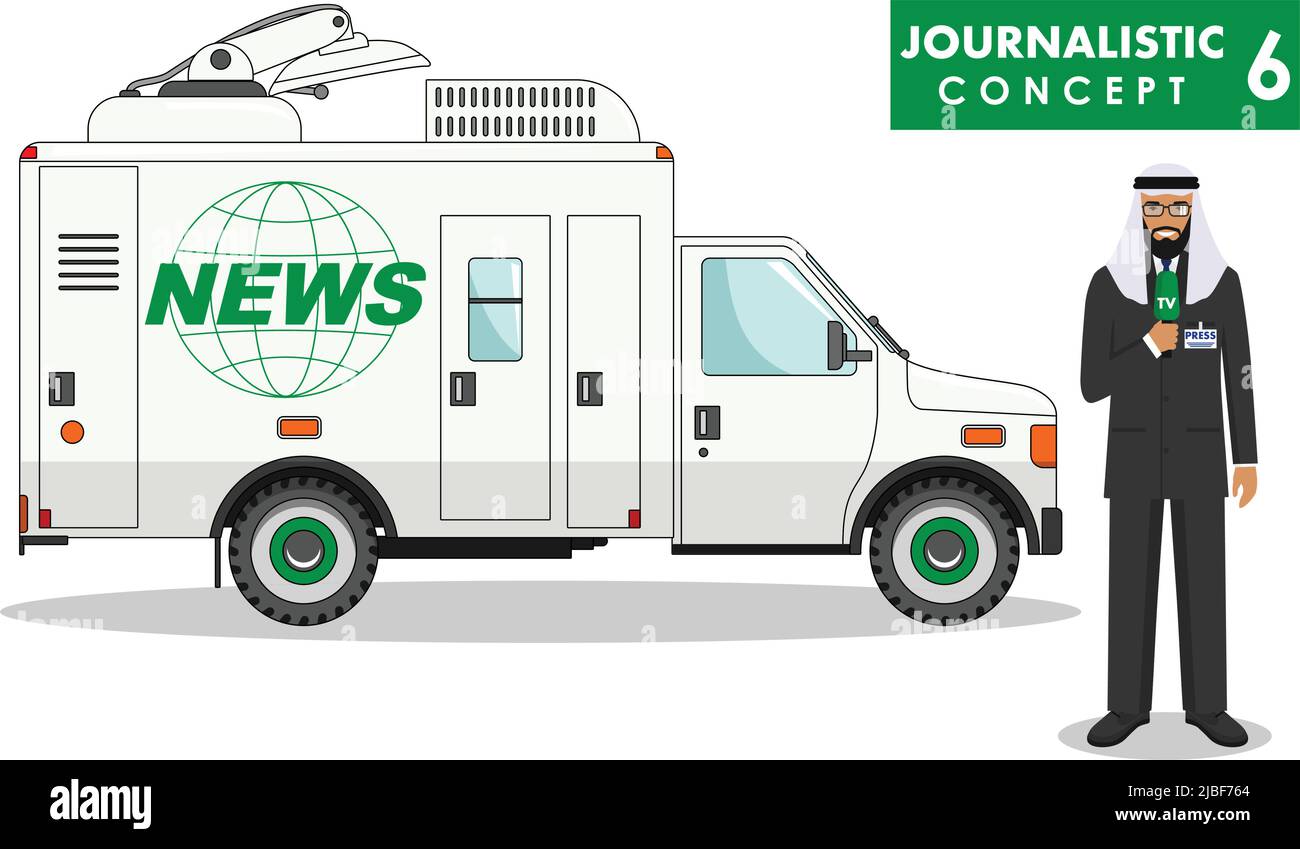 Detailed illustration of arabic journalist and TV or news car in flat ...