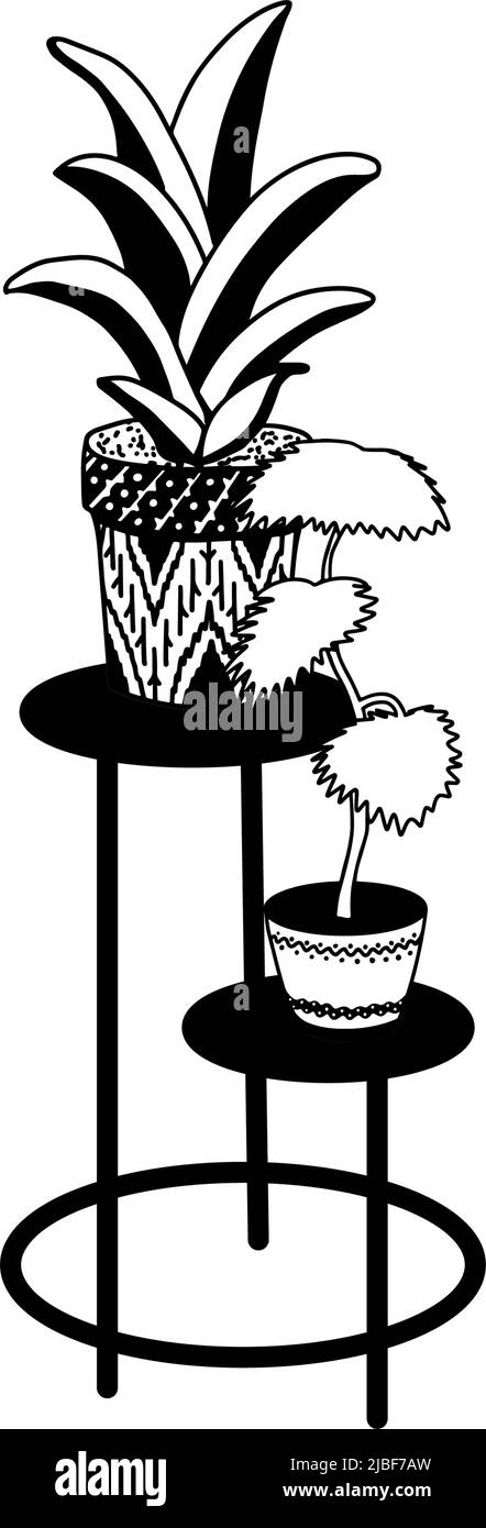 Potted flowers on a stand, home decor. Freehand drawing, linear black ...