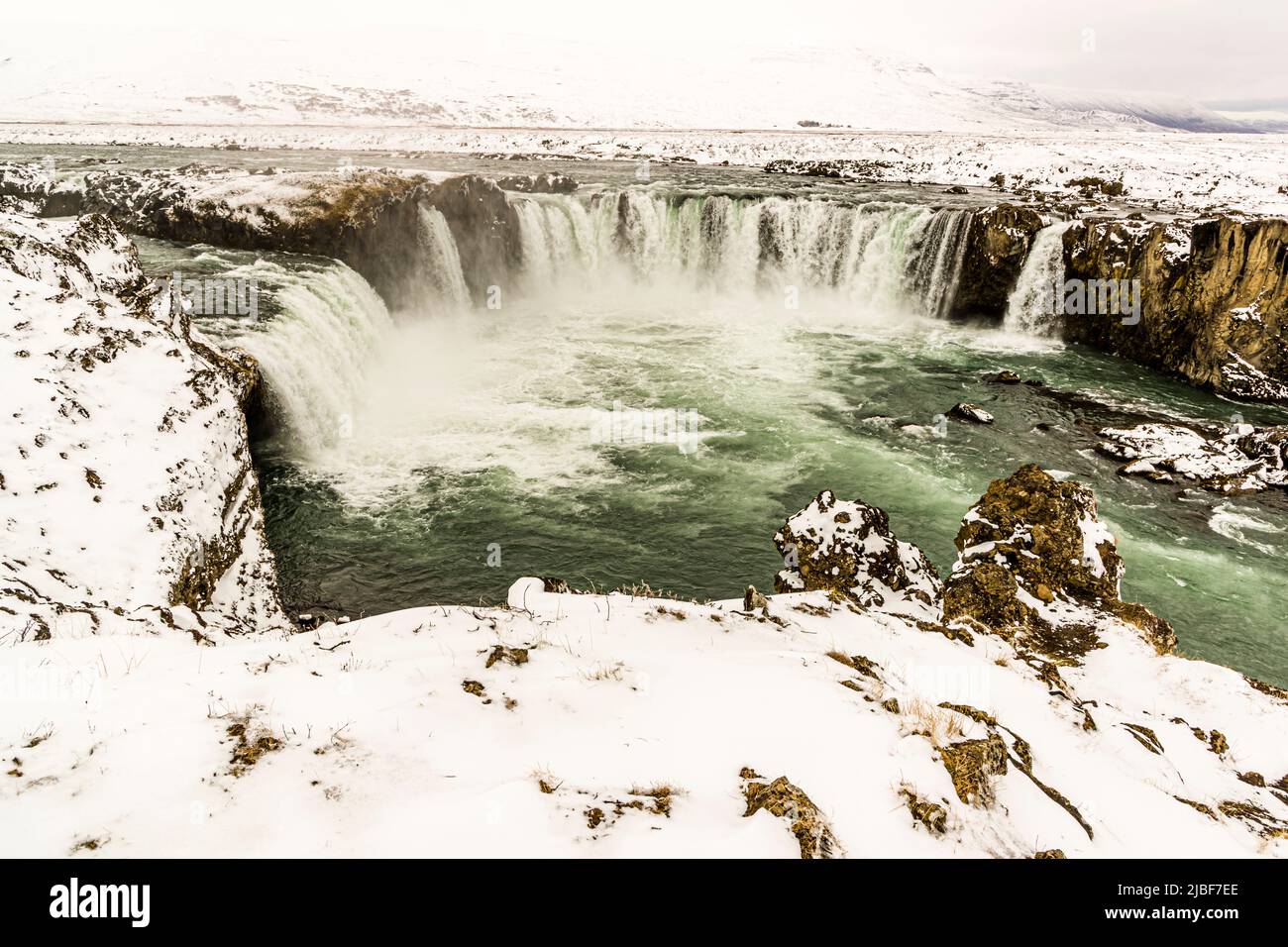 Snowy Goðafoss waterfall in Iceland Stock Photo - Alamy