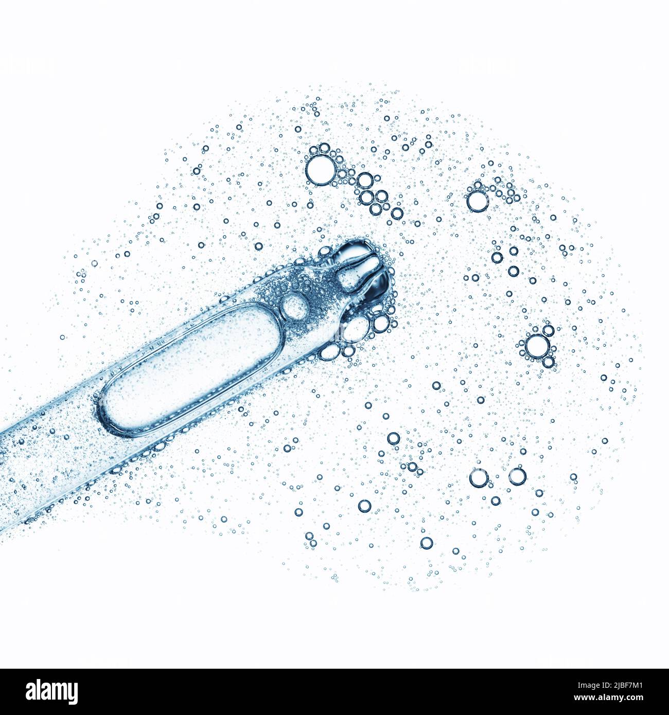 Blue serum liquid in cosmetic dropper pipette with bubbles isolated on ...