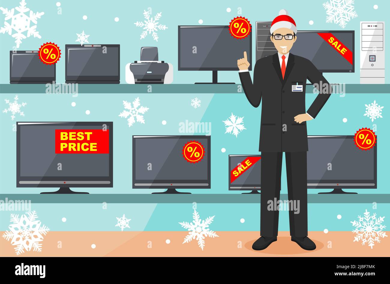 Christmas and New Year big sale. Detailed illustration of the seller in ...