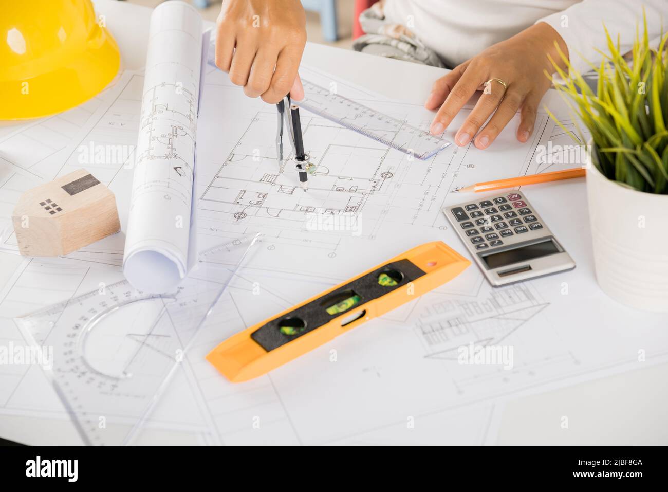 Architectural project workplace. Engineer sketching construction ...