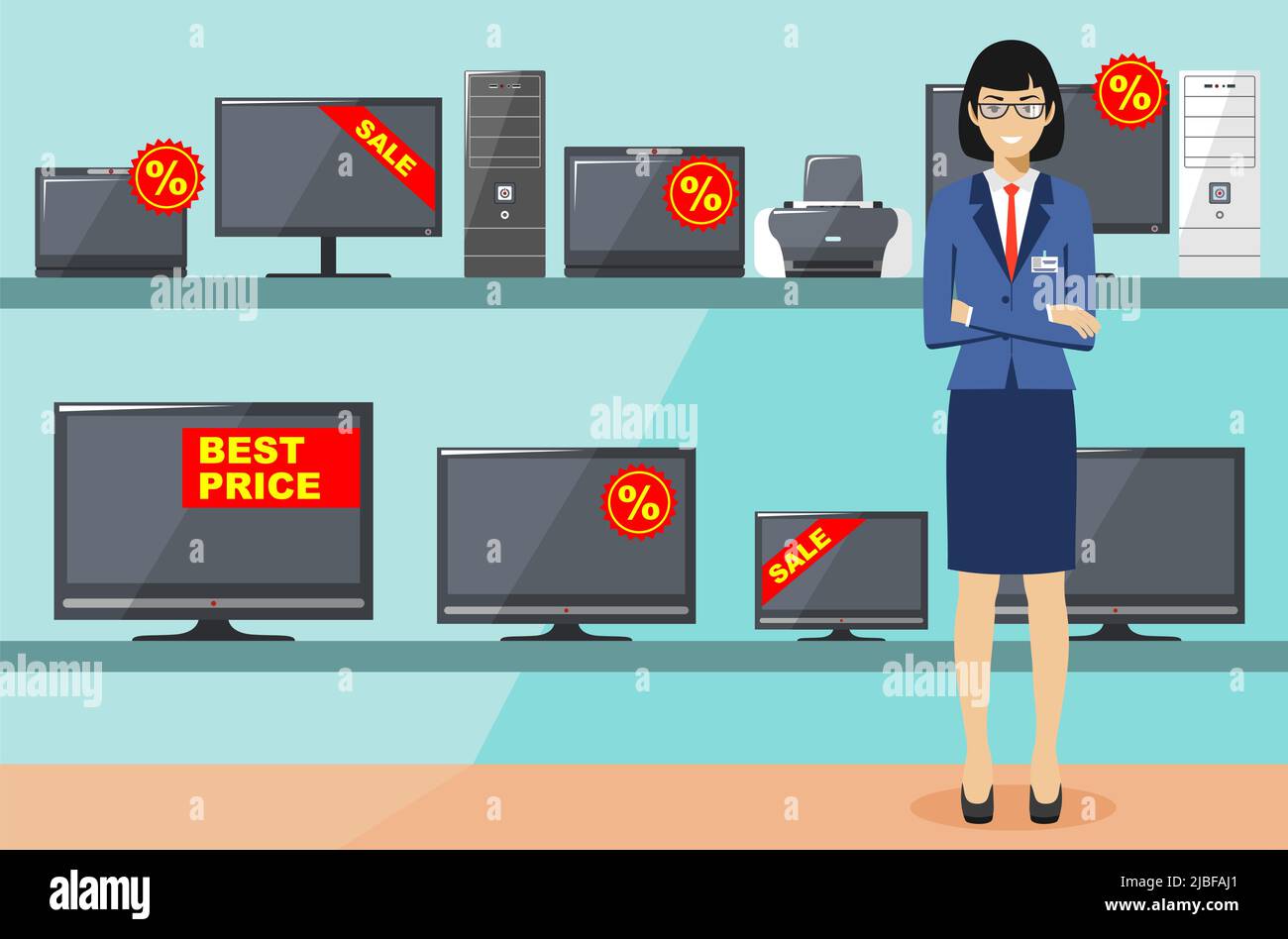 Big sale. Detailed illustration of the seller on the background of ...