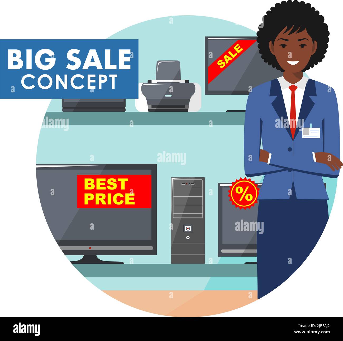 Big sale. Detailed illustration of the seller on the background of ...