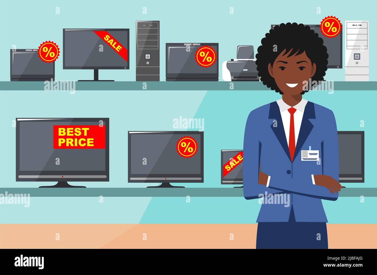 Big sale. Detailed illustration of the seller on the background of ...