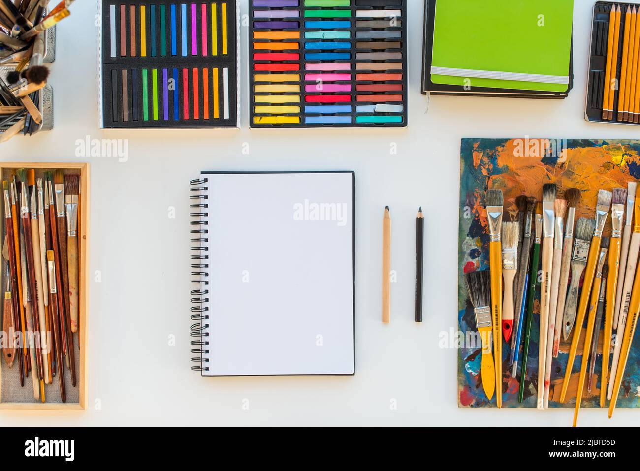 Painter workplace in order side view. Designer desk with drawing ...