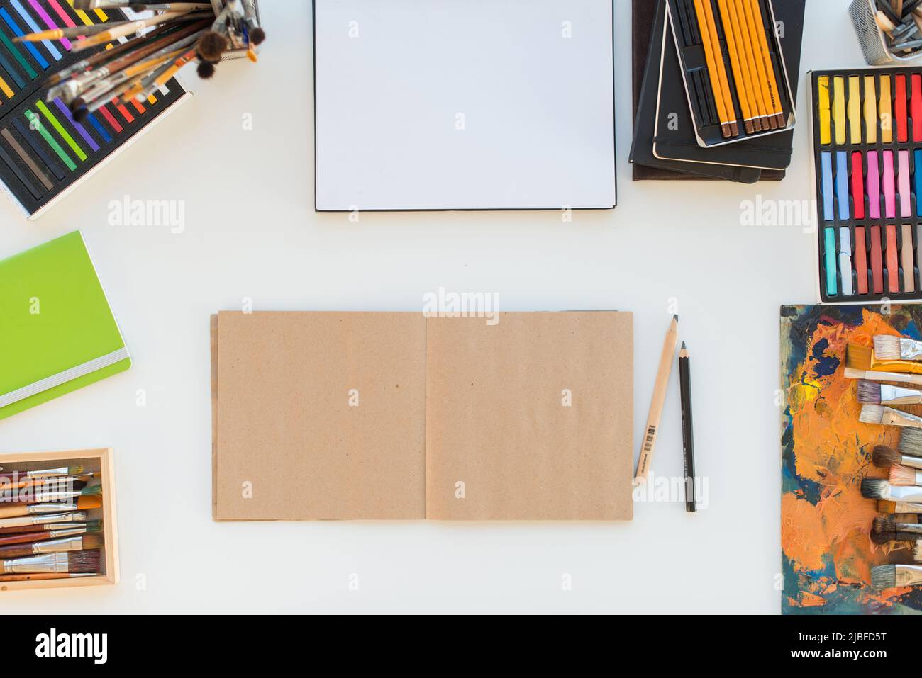 Painter workplace in order side view. Designer desk with drawing ...