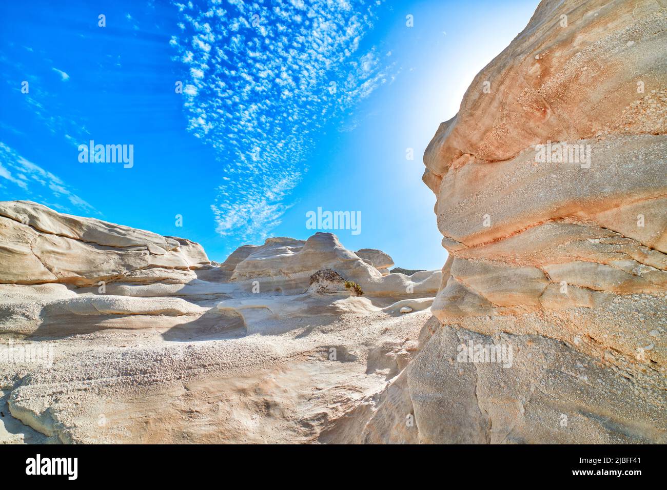 White rocks of Sarakiniko beach, Aegean sea, Milos island , Greece. No ...