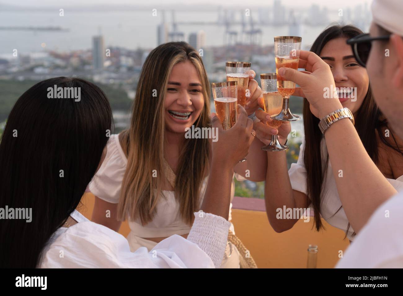 Group of friends toasting with their wine glasses in the open air Stock ...