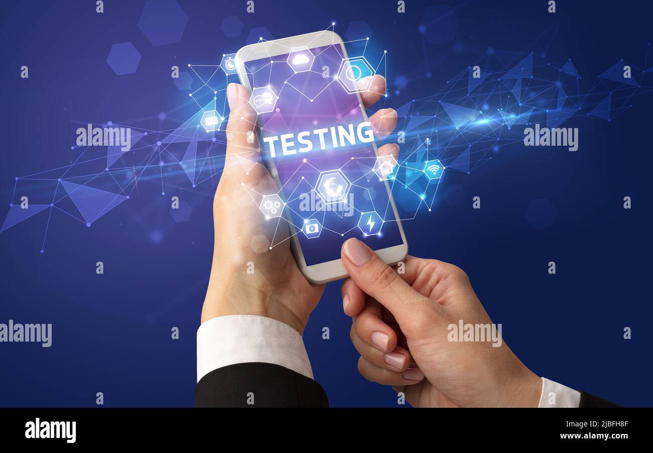 Hand using smartphone with technology concept Stock Photo - Alamy