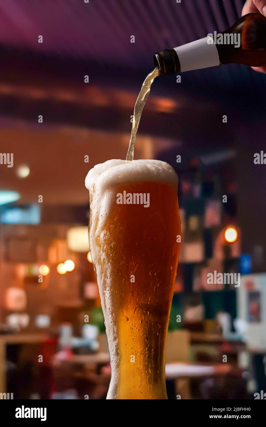 Pouring Beer Into Glass At The Bar Counter Alcoholic Beverage Over Pub