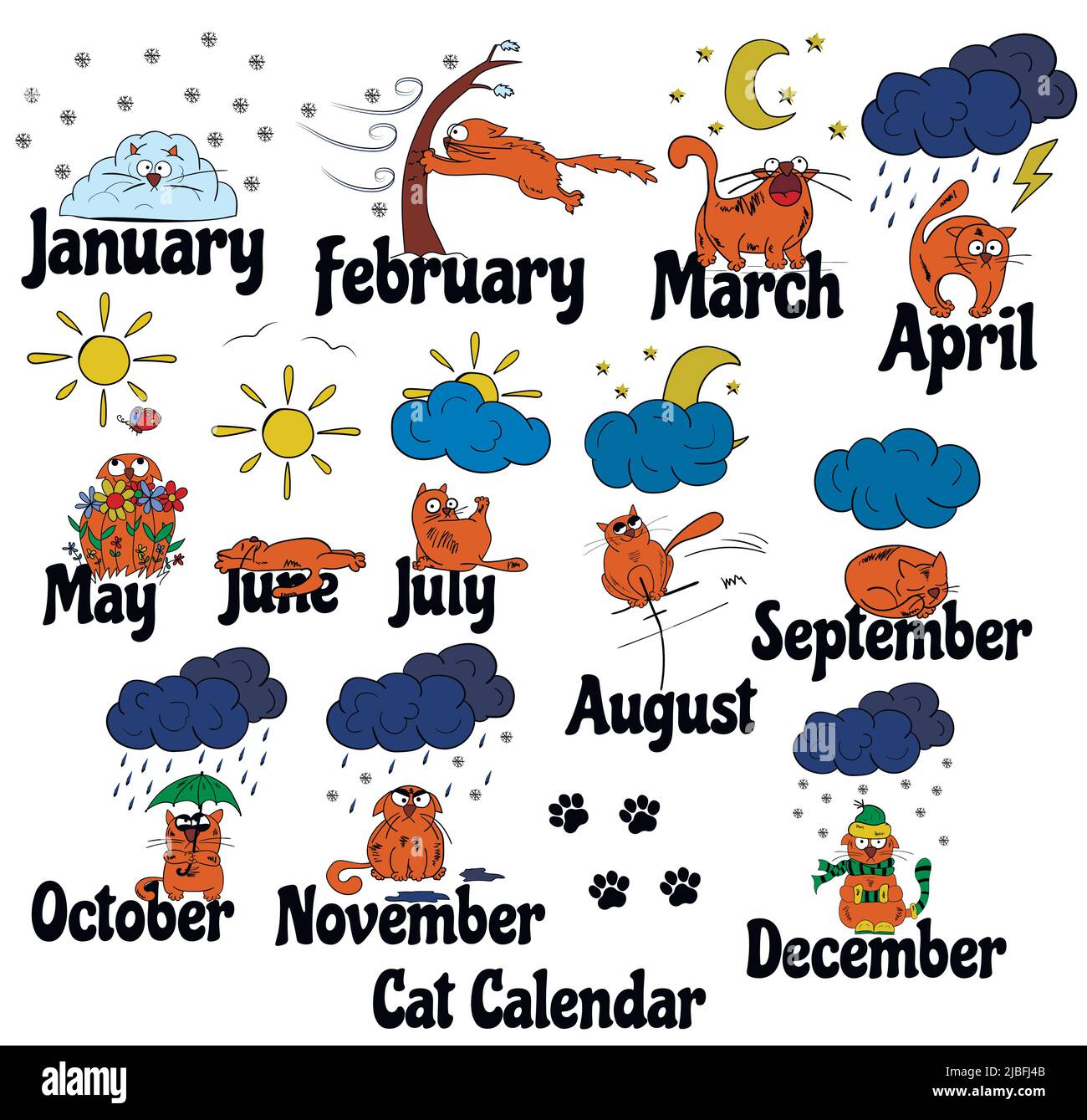 Cat calendar. Funny cat drawn by hand at different times of the year ...