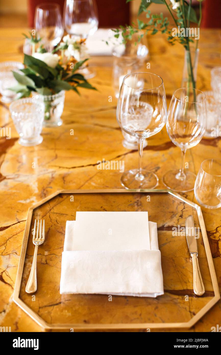 Table set for wedding or another catered event dinner Stock Photo - Alamy