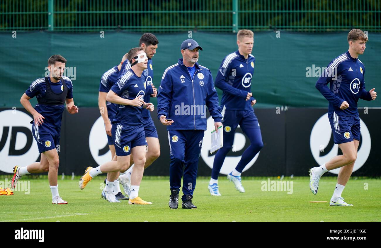 Scotland manager Steve Clarke during a training session at the Oriam ...