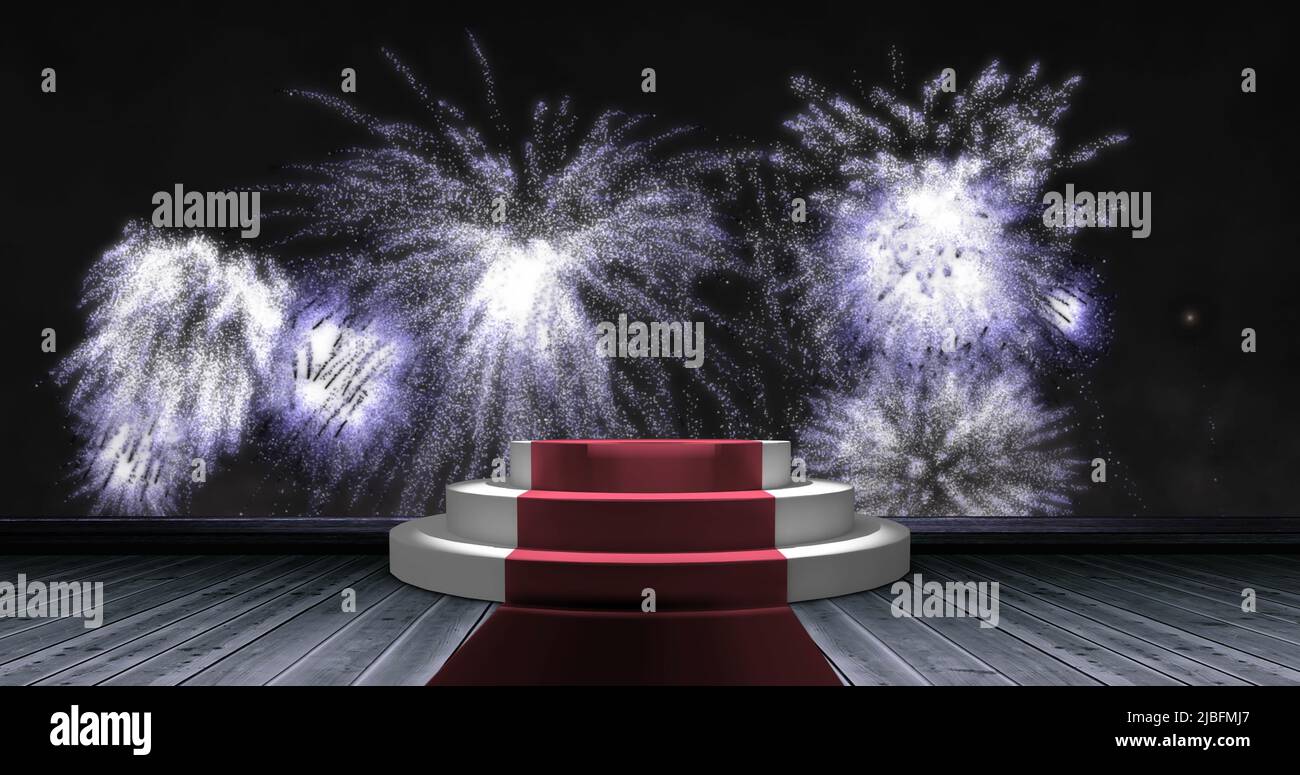 Image of white fireworks over steps at red carpet venue, on black ...