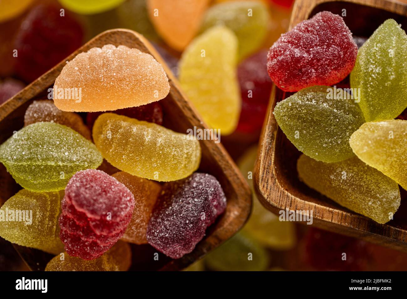 Close-up view from above of assorted dried italian jelly fruit sweets ...