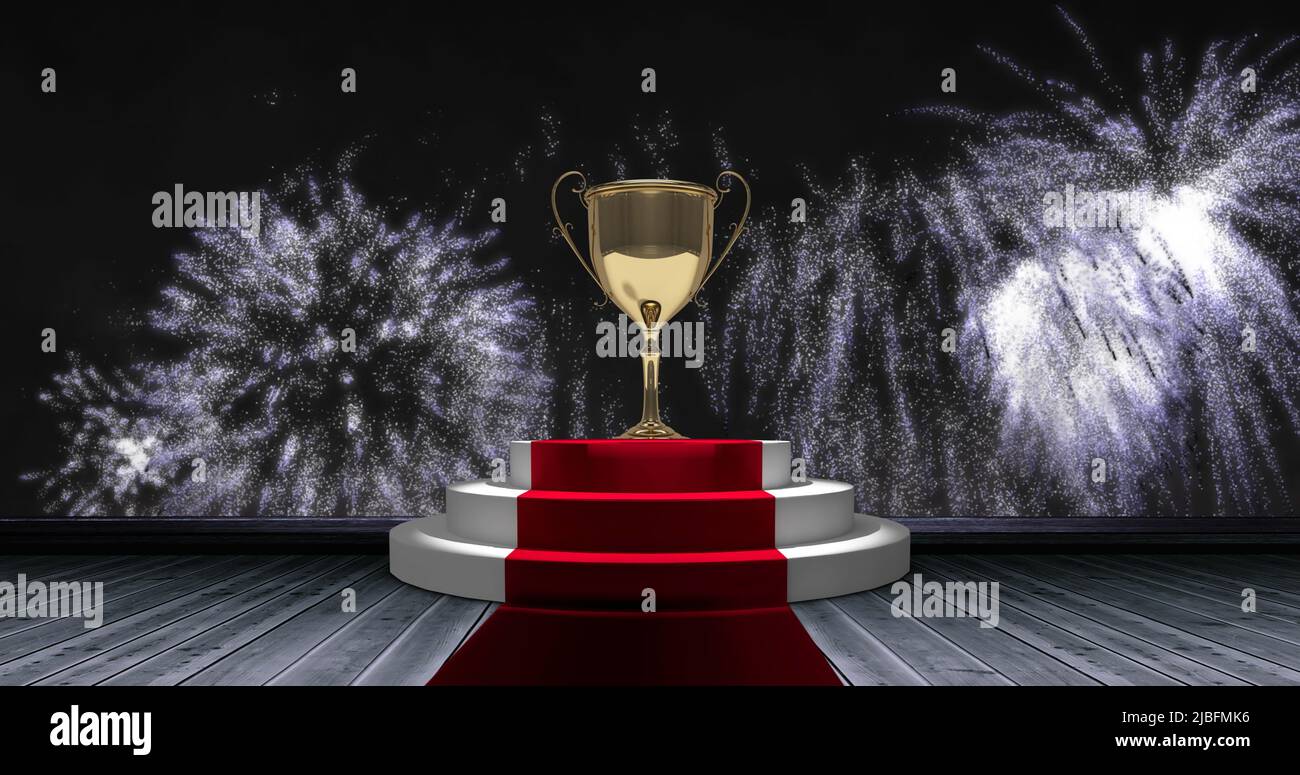 Image of gold trophy and white fireworks over steps at red carpet venue ...