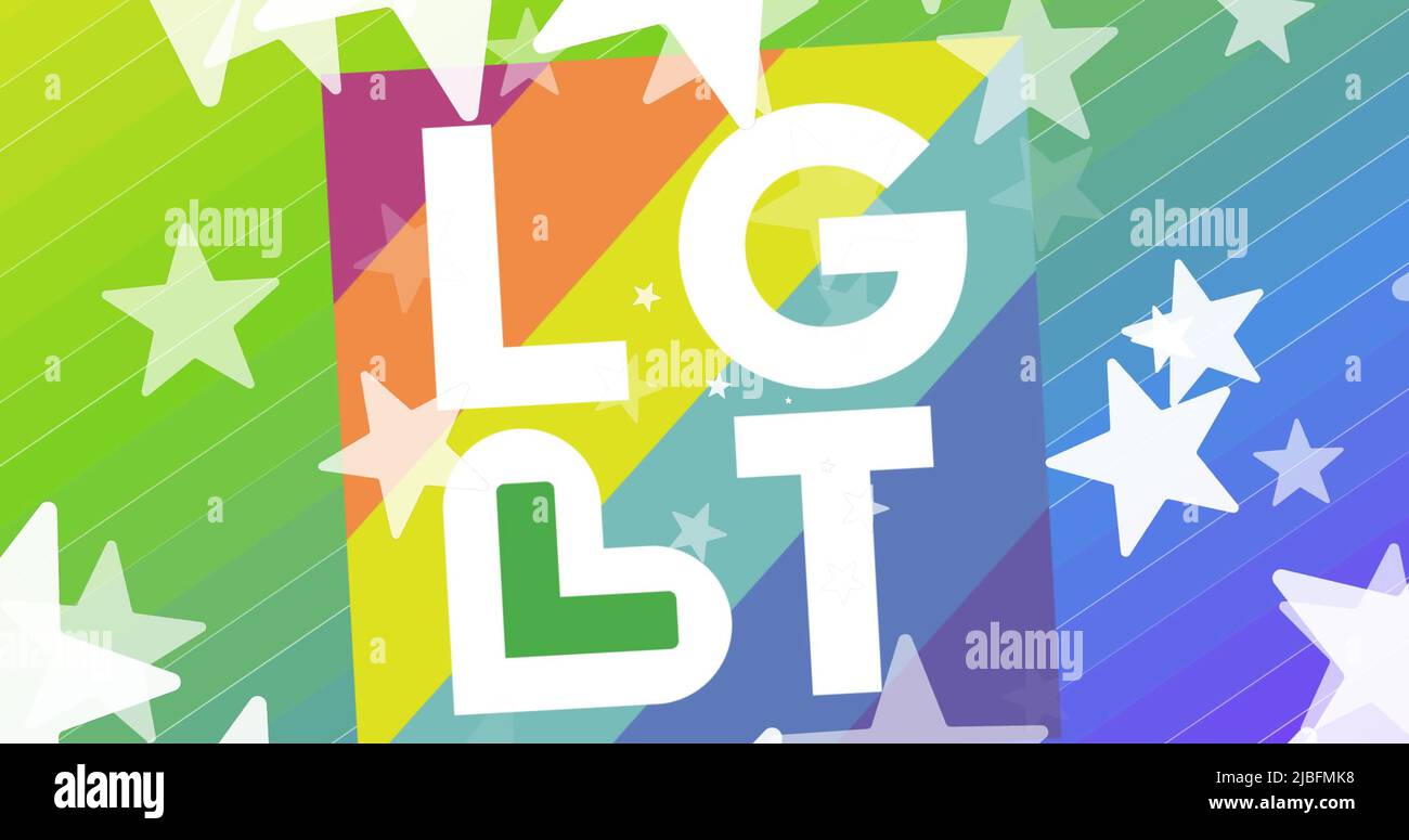 Image of lgbt text on rainbow square and stars moving on rainbow ...