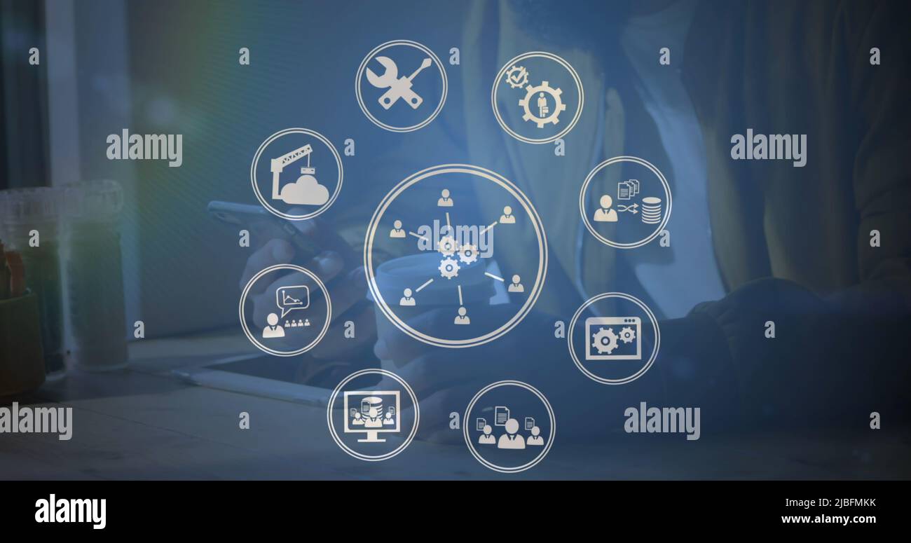 Digital icons moving against man hi-res stock photography and images ...