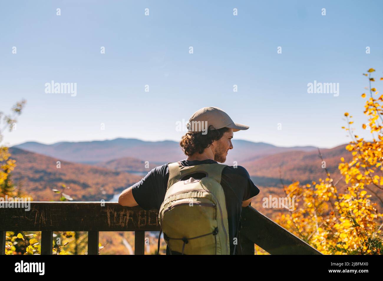 Side view of dreamy male tourist standing on wooden footbridge over ...