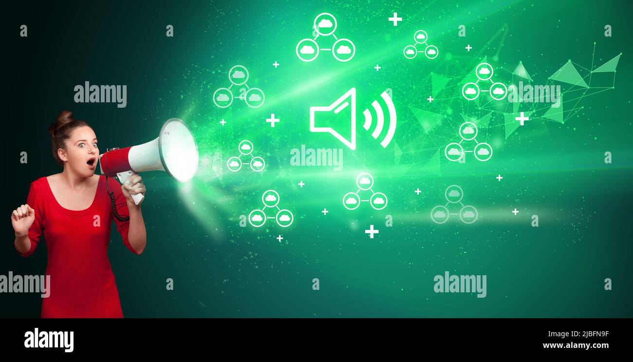 Young person with megaphone and technology related icon Stock Photo - Alamy