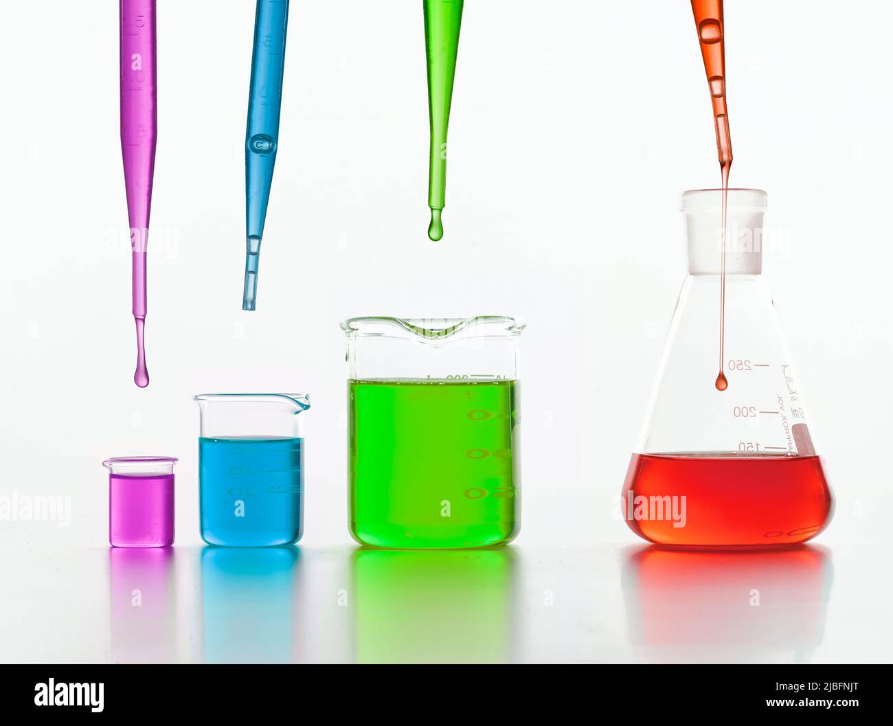 Set of different chemical flasks of various sizes with colorful liquids ...