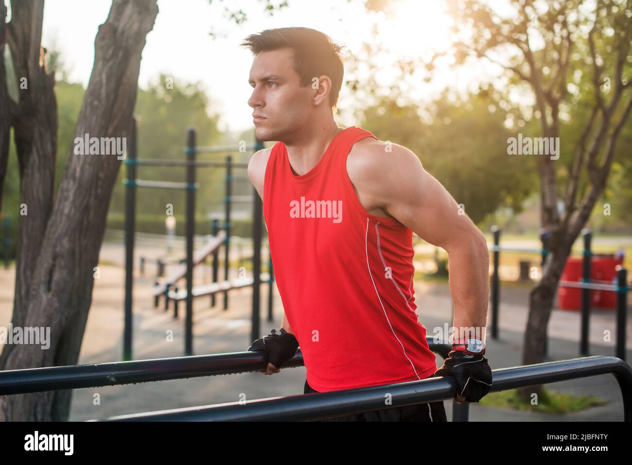 Fit man workout out arms on dips horizontal bars training triceps and ...