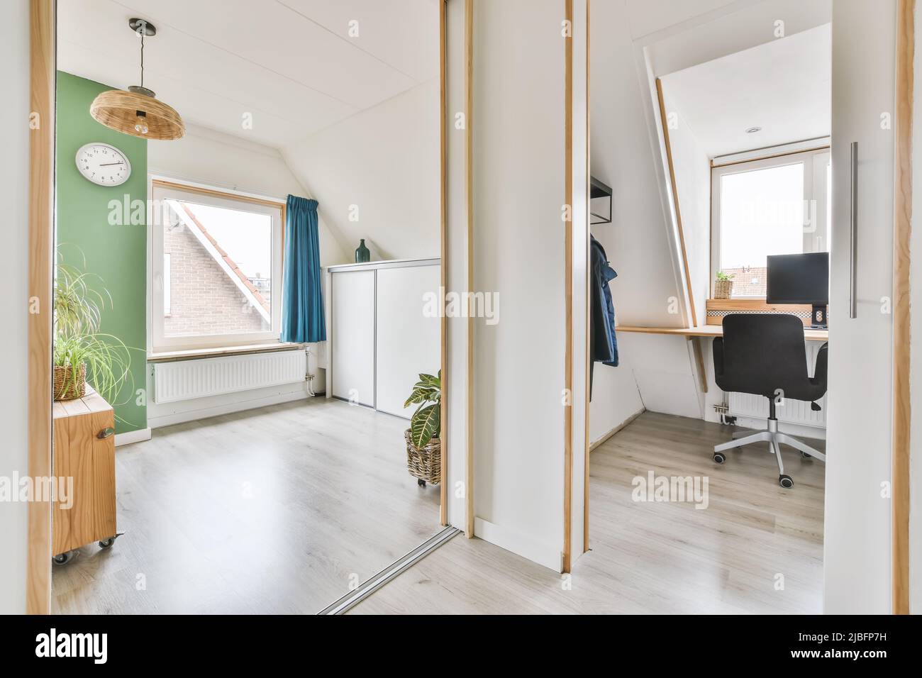 Attic floor interior of contemporary apartment with light rooms with ...