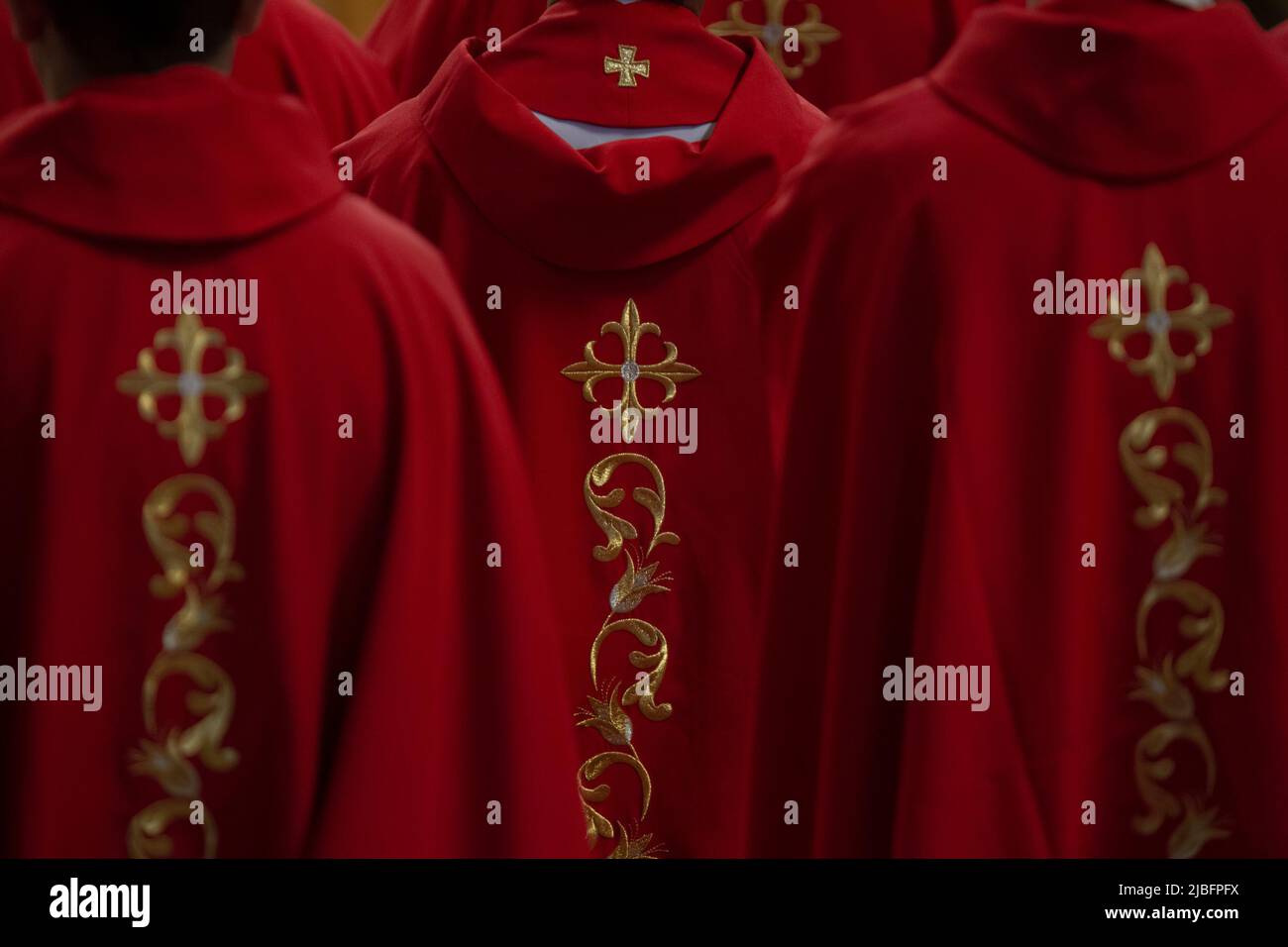 Vatican City, Vatican. 05 June 2022. Red cloaks of priests who attend ...