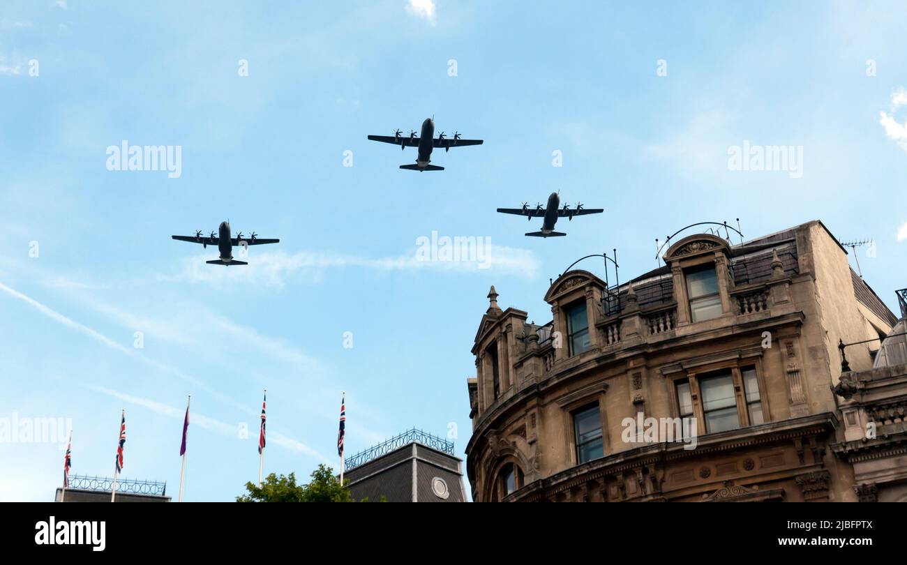 A Formation of Three Hercules C-130J Aircraft fly over Trafalgar Square ...