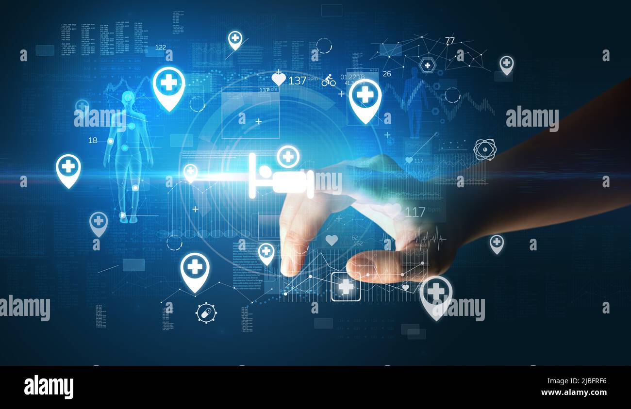 Doctor hand pressing futuristic health device with medical symbol on ...