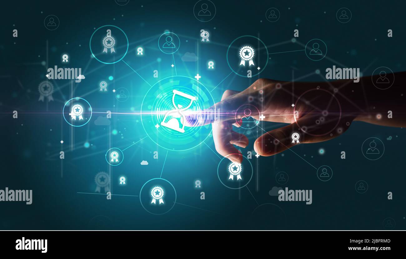 Businessman hand pressing stock graphic information on multitouch ...