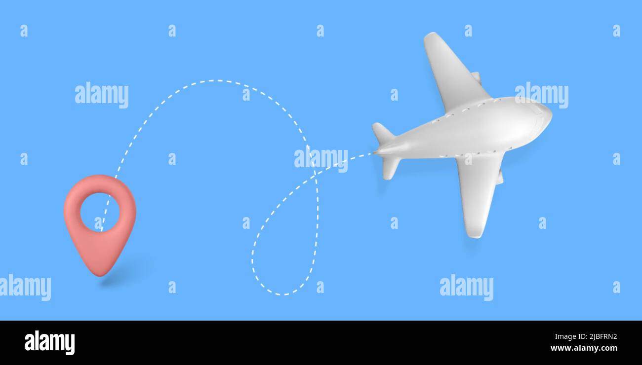 3D cartoon white plane with aircraft path. Realistic Jet Airplane on ...